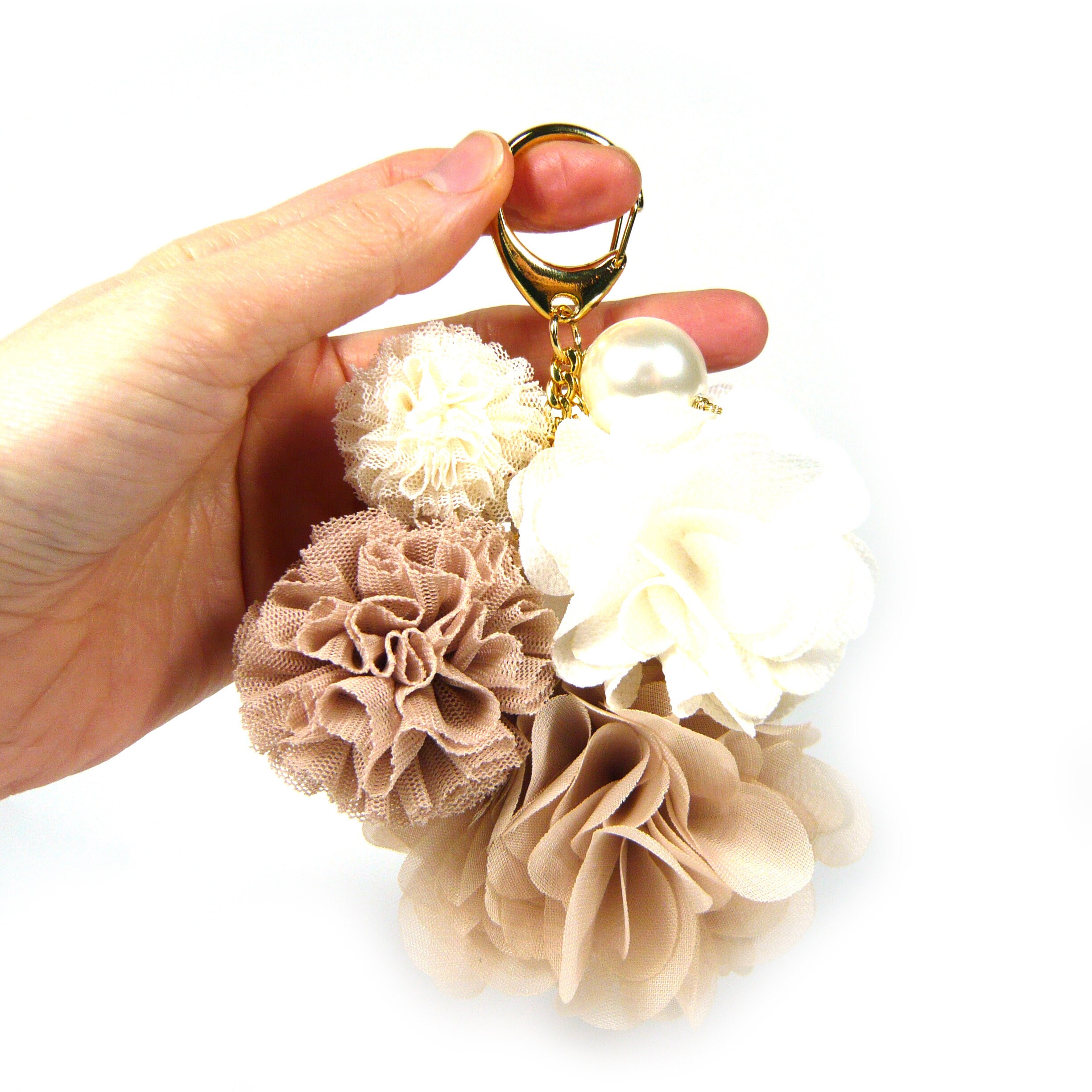Dangle Rich Fabric Flower Floral Pearl Key Ring Chain Holder | Etsy