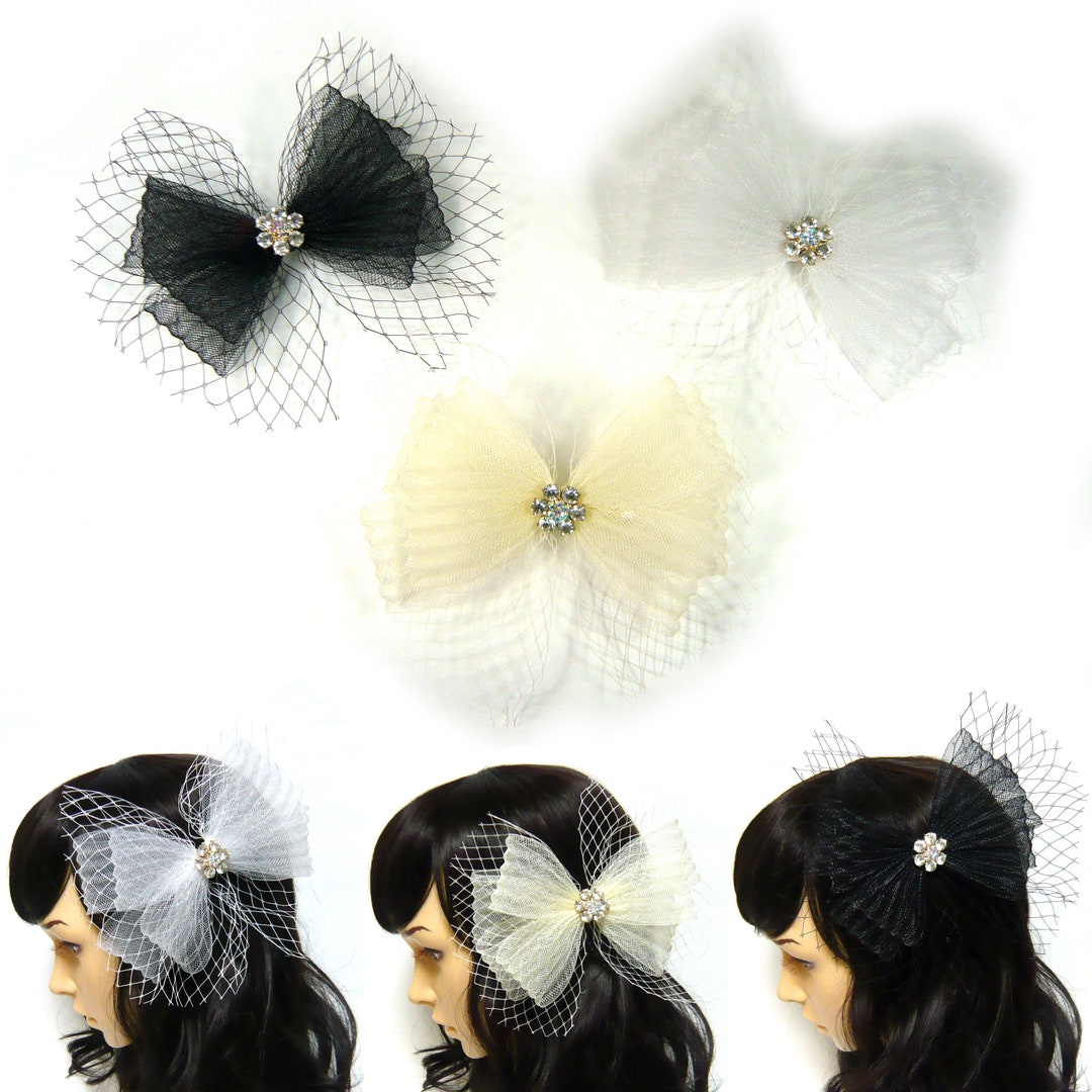 Large Huge White Ivory Black Net Mesh Bow Crystal Rhinestone Flower ...
