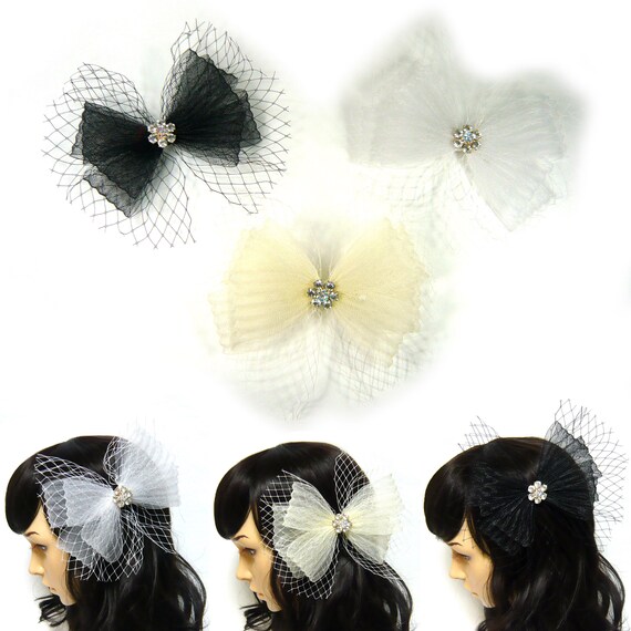 Large Huge White Ivory Black Net Mesh Bow Crystal Rhinestone | Etsy