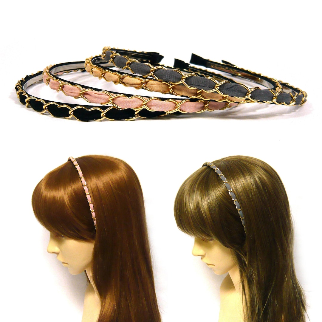 Chiffon Fabric Insert Gold Metal Chain Link Thin Headband Hairband ...