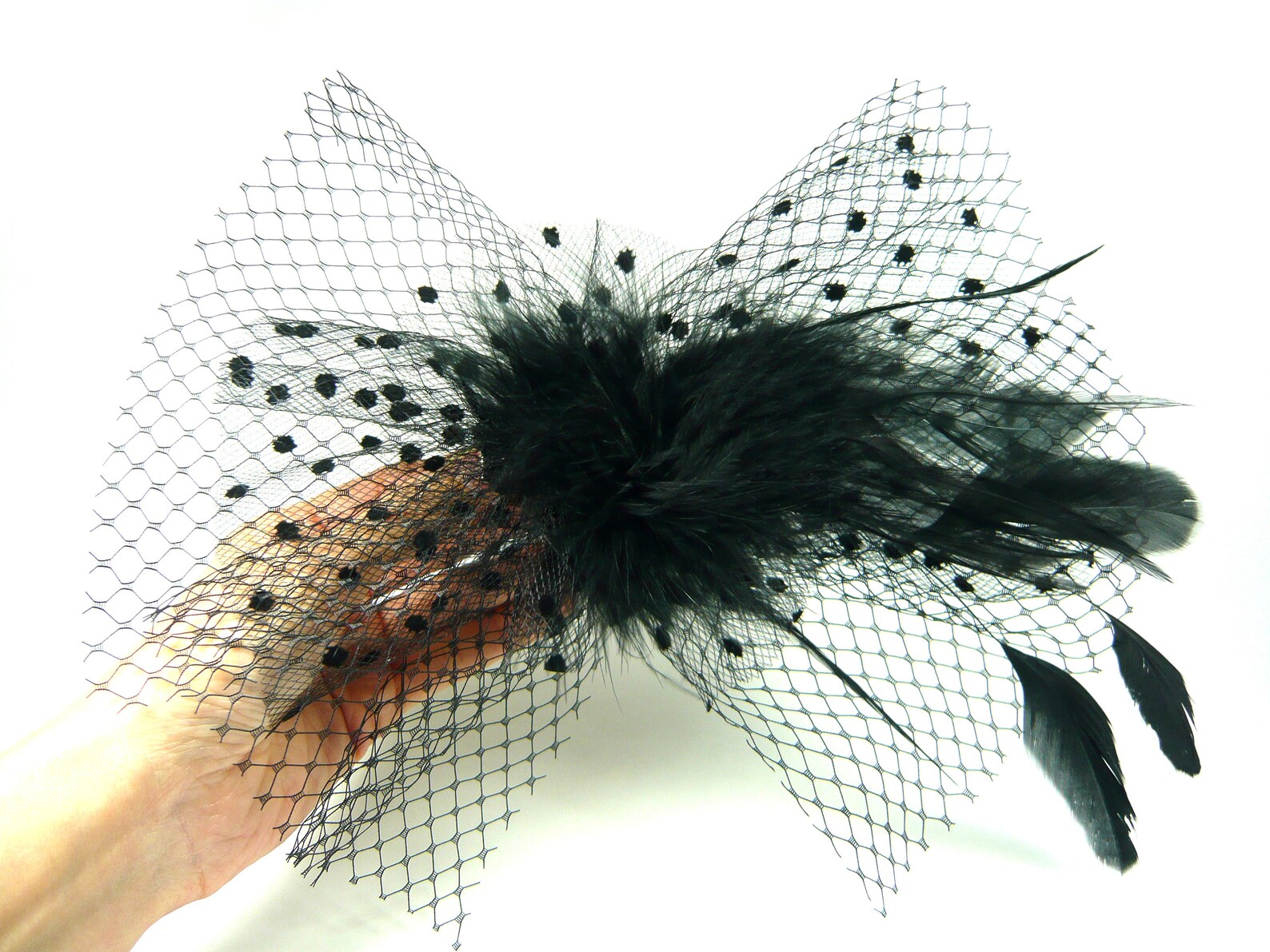 Large Huge Black Accent Mesh Bow Real Feather Fascinator Hair - Etsy