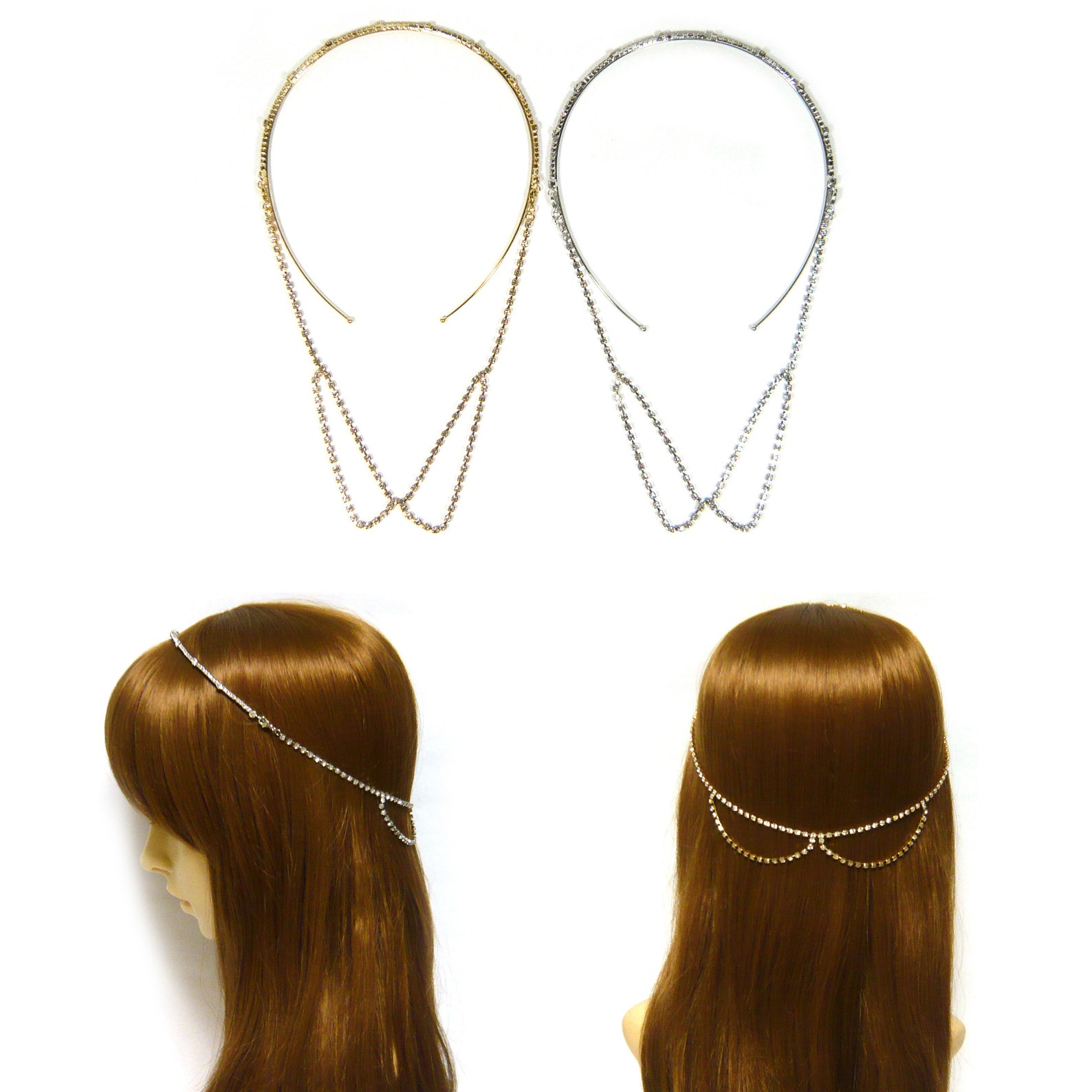 Crystal Rhinestone Trim Chain Bow Draped Back Silver Gold Slim | Etsy