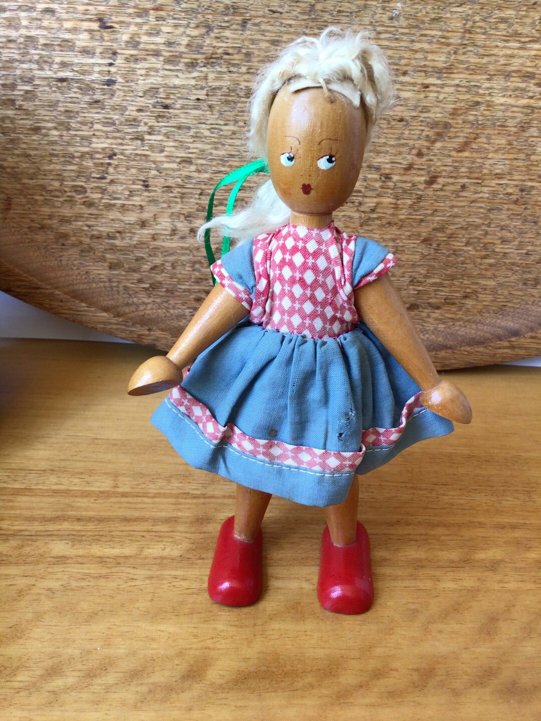 Polish Vintage Wooden Peg Doll With Blue and Red Cotton Print Dress - Etsy