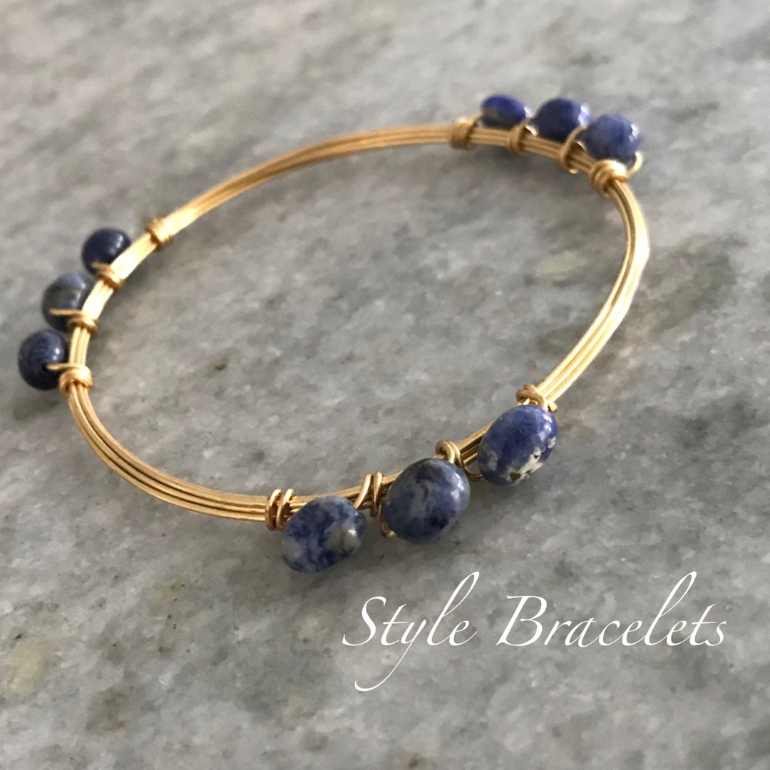 Wire Wrapped Bangle Bracelet | Blue Sodalite Freeform Nugget and Wire ...