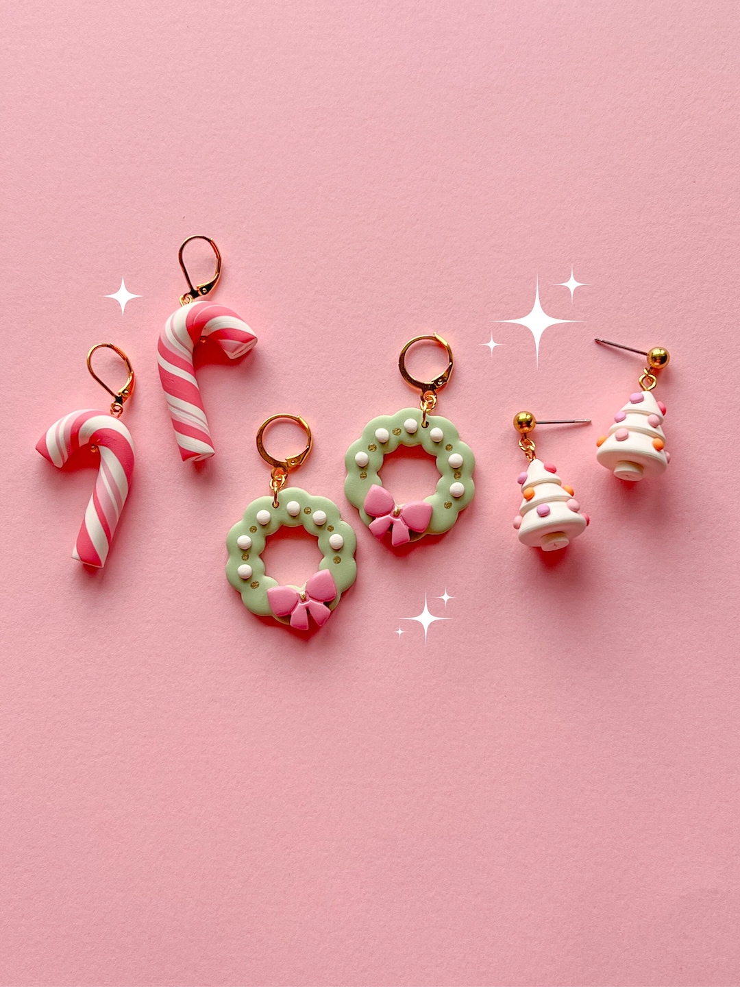 Cute Christmas Themed Polymer Clay Earring Collection. Wreath Earrings ...
