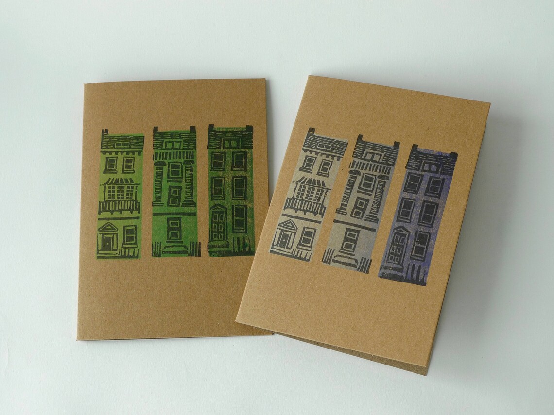 Set of Three Handprinted Cards Georgian House Cards, Block Printed on ...