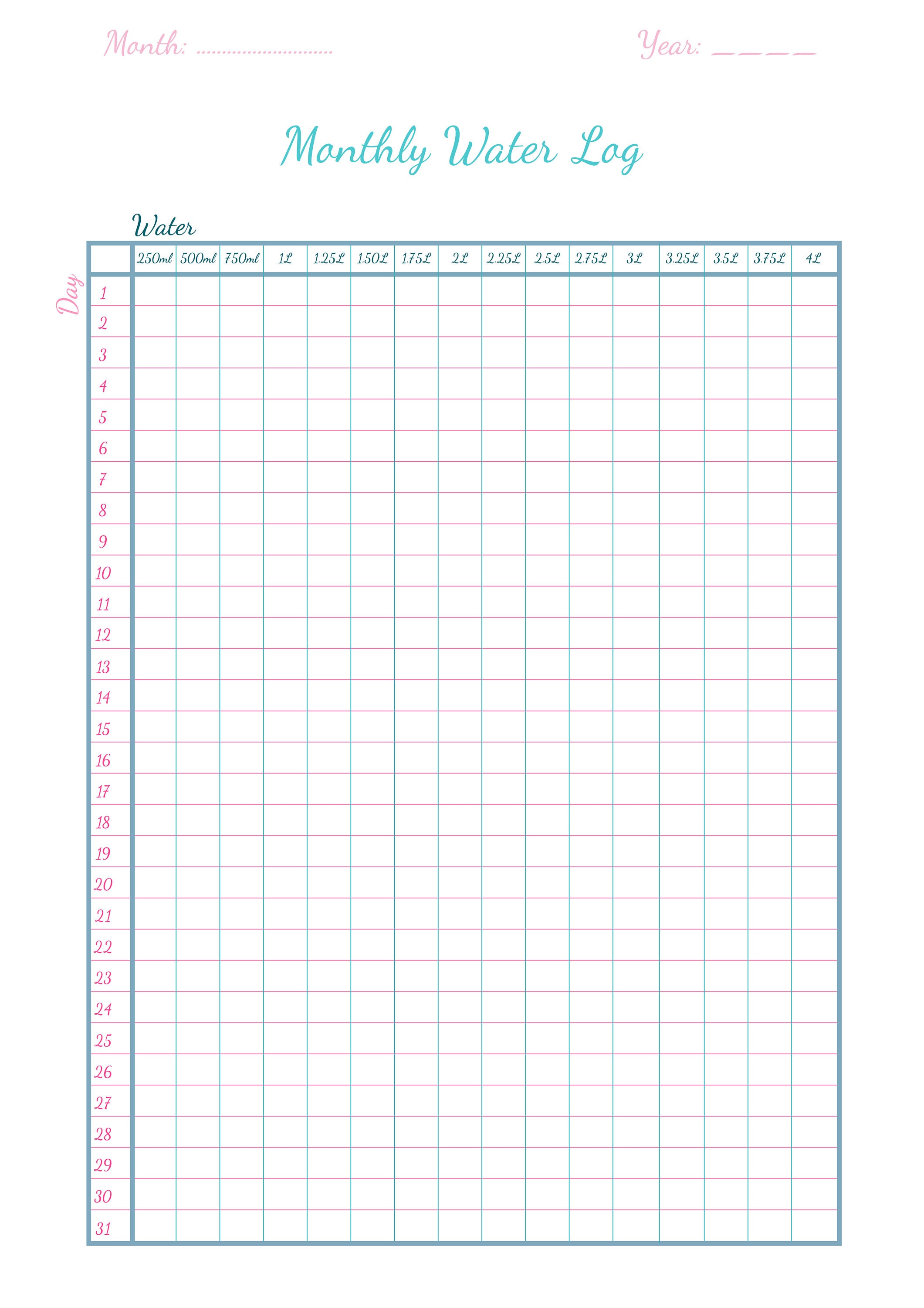 Printable Monthly Water Log - Etsy