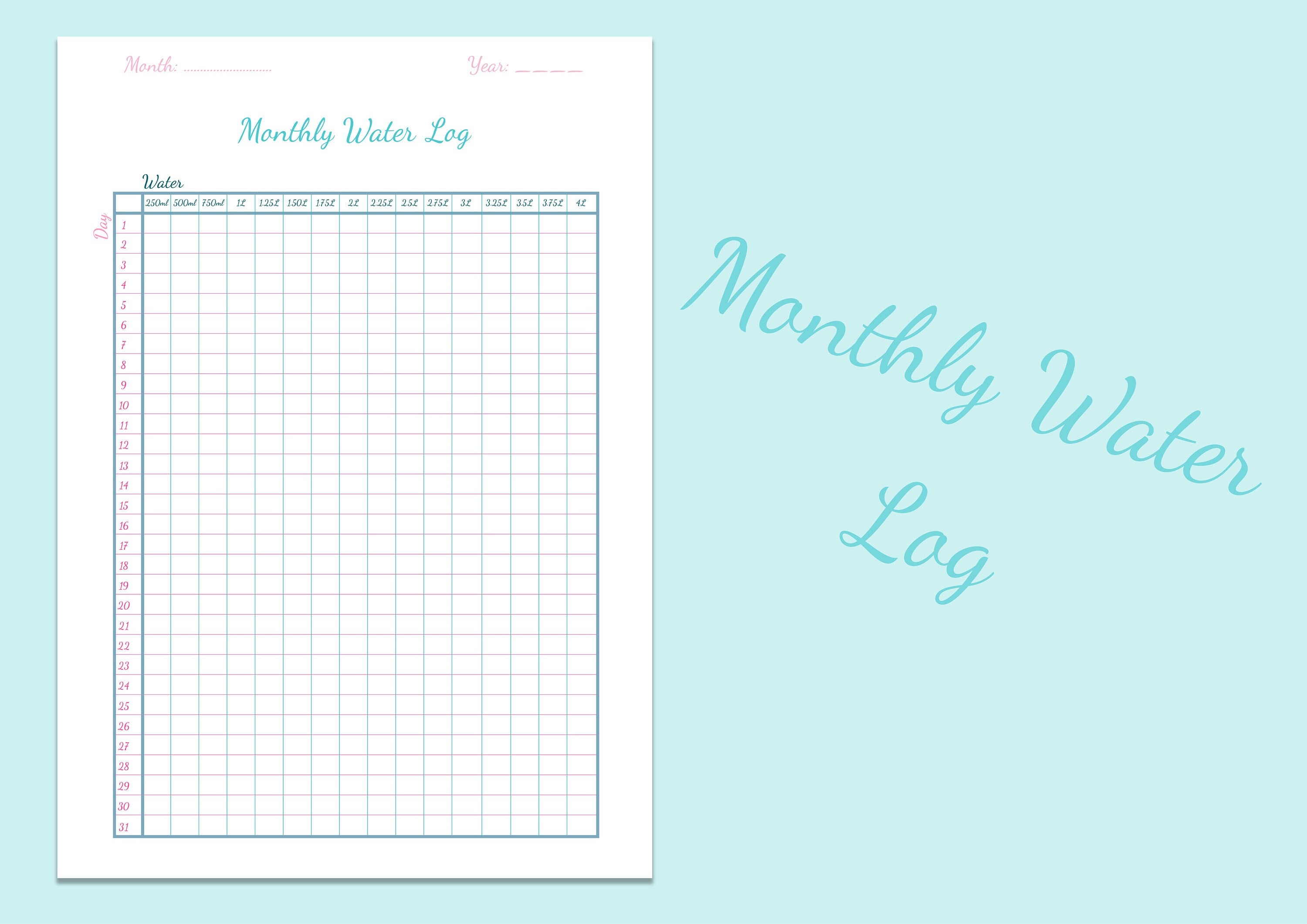 Printable Monthly Water Log - Etsy