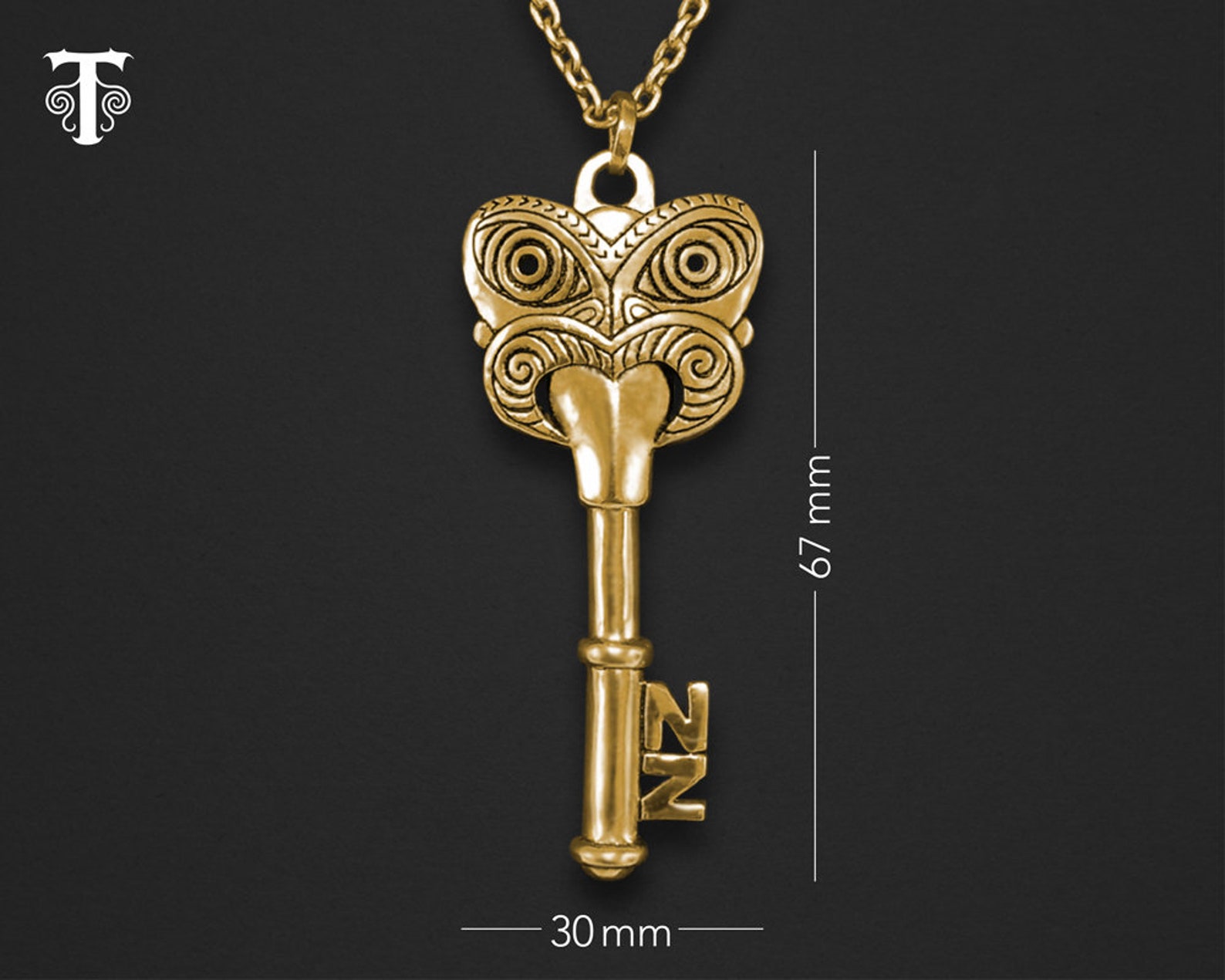 Maori 21st Key Necklace, Brass Koruru Ancestor Pendant, Leadership ...