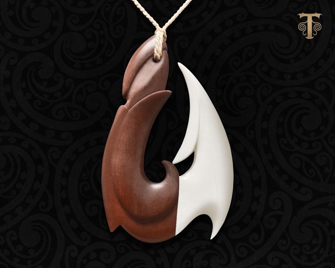 Hawaiian Makau Wood Bone Fish Hook Necklace - Hand Carved Pendant ...
