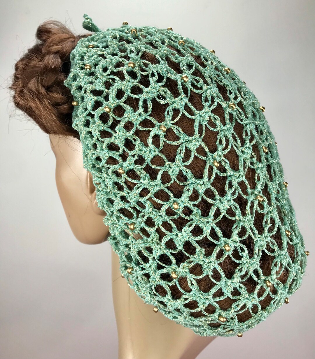 Beaded Seafoam and Gold Lurex Drawstring Lover's Knot Drawstring Snood ...