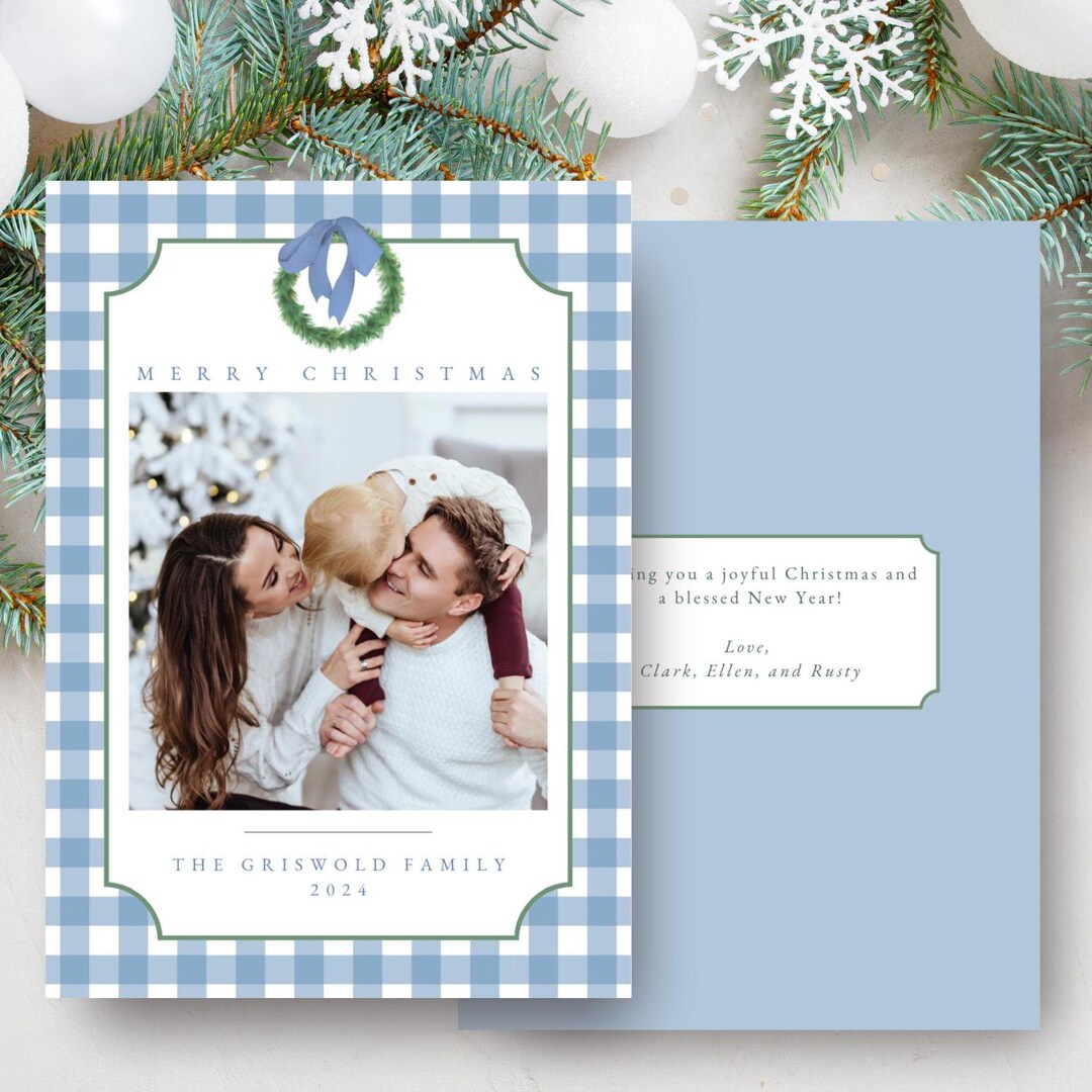 Preppy Blue Gingham Christmas Card Template, Editable Holiday Photo ...
