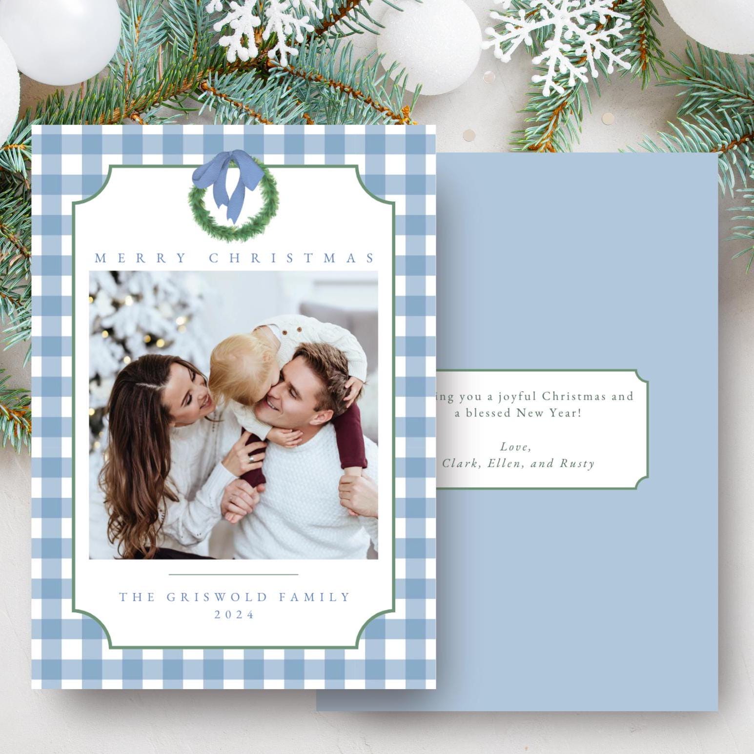 Preppy Blue Gingham Christmas Card Template, Editable Holiday Photo ...
