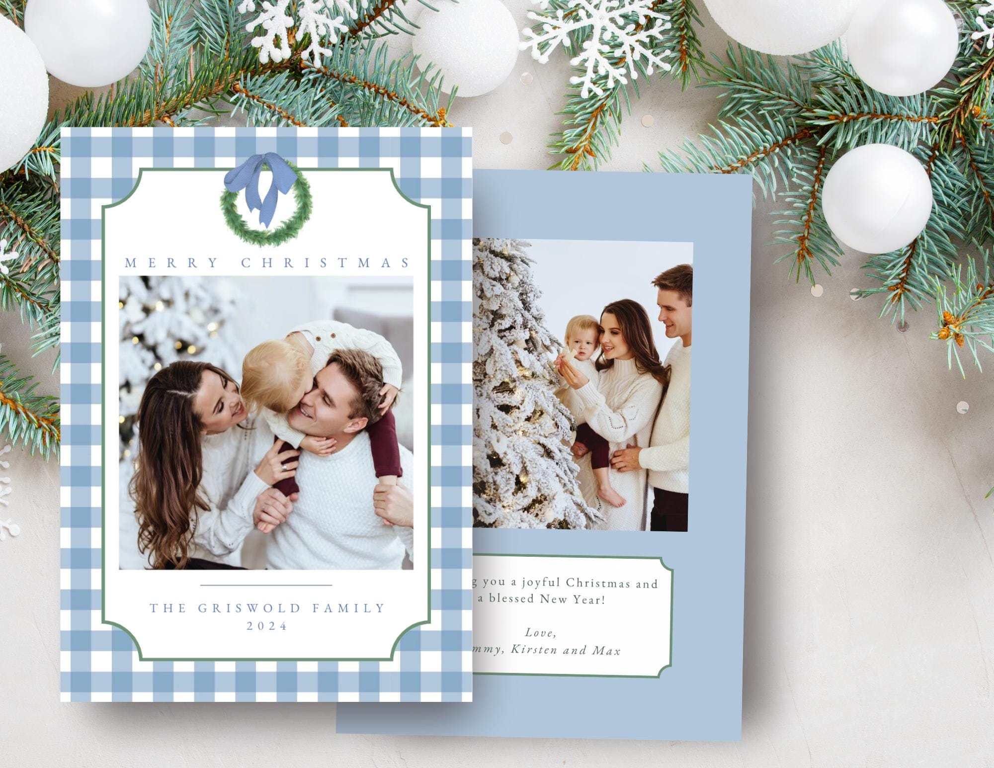 Preppy Blue Gingham Christmas Card Template, Editable Holiday Photo ...