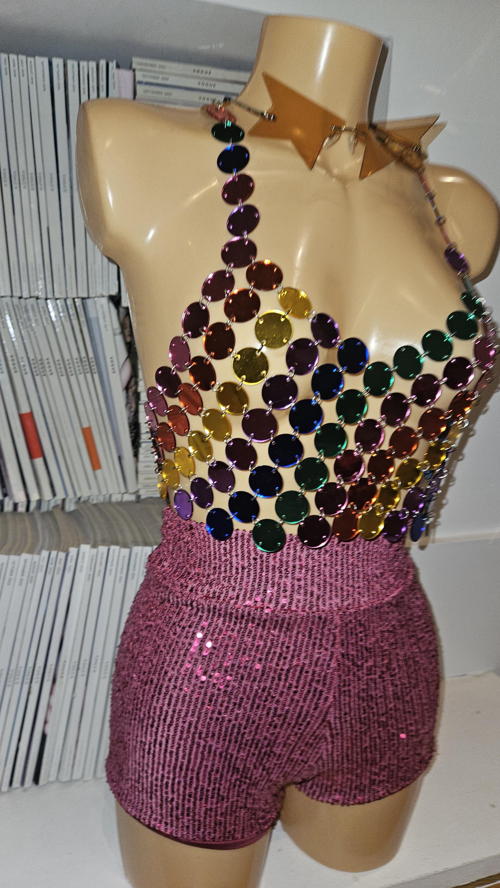 Rio Carnival Bloco Costume! Rainbow Metallic Chain Top, Pink Sequin ...