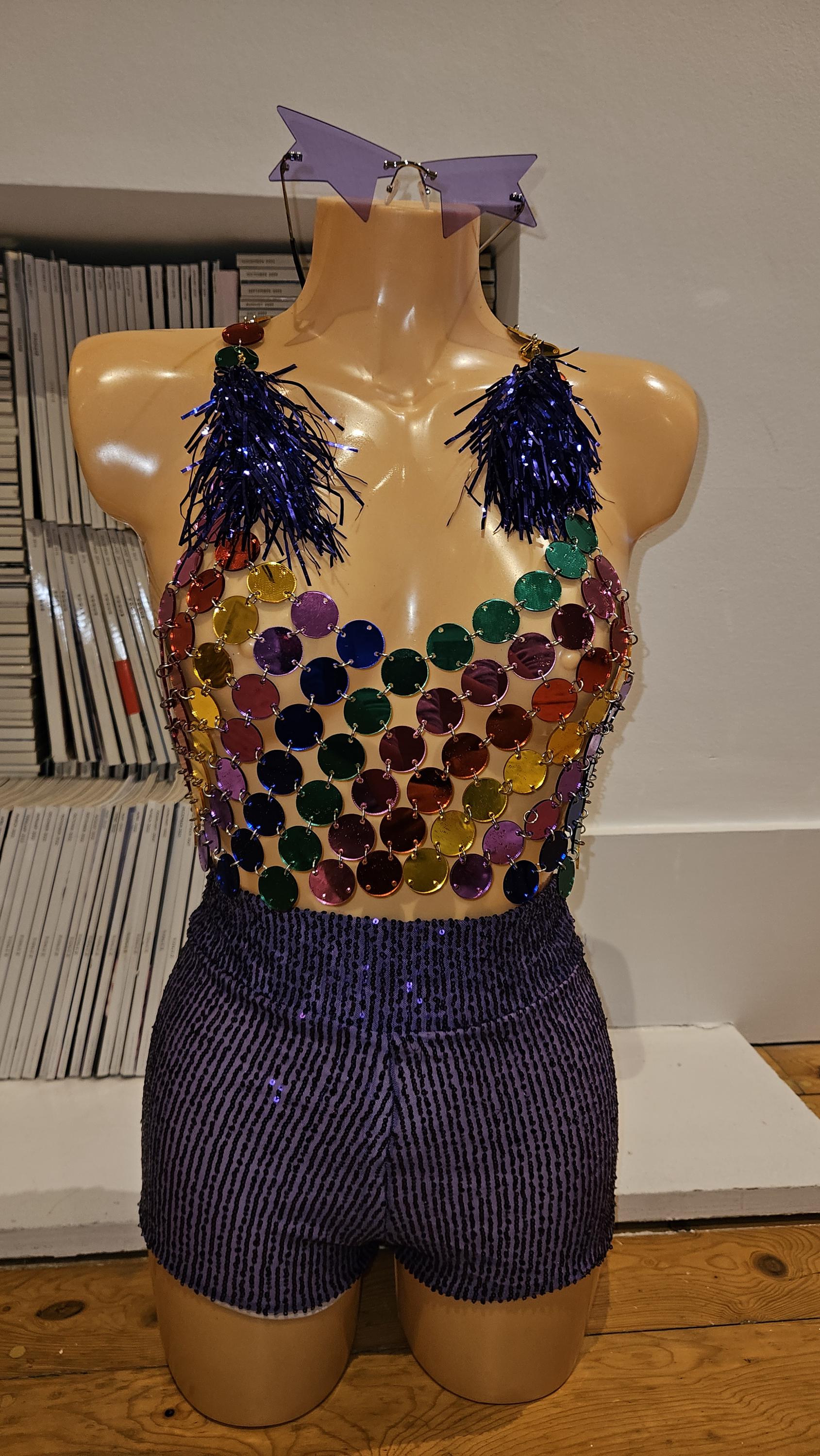 Rio Carnival Bloco Costume! Rainbow Metallic Chain Top, Purple Sequin ...