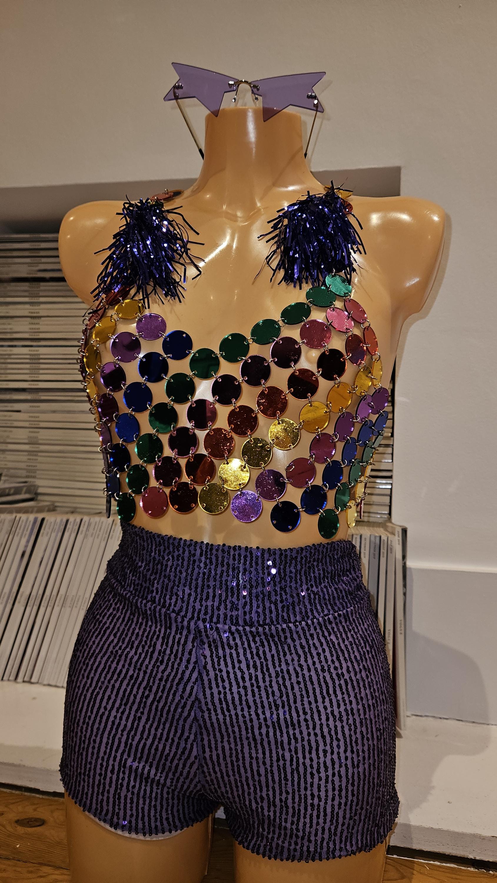 Rio Carnival Bloco Costume! Rainbow Metallic Chain Top, Purple Sequin ...
