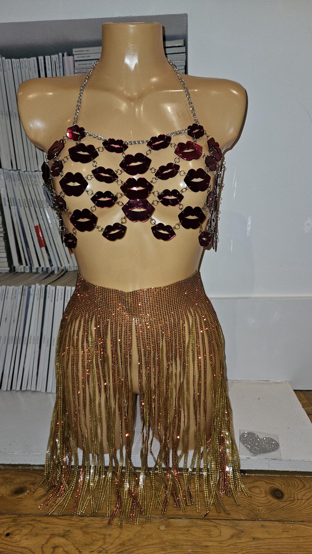 Rio Carnival Bloco Costume Red Lips Metallic Chain Top, Red Rhinestone ...