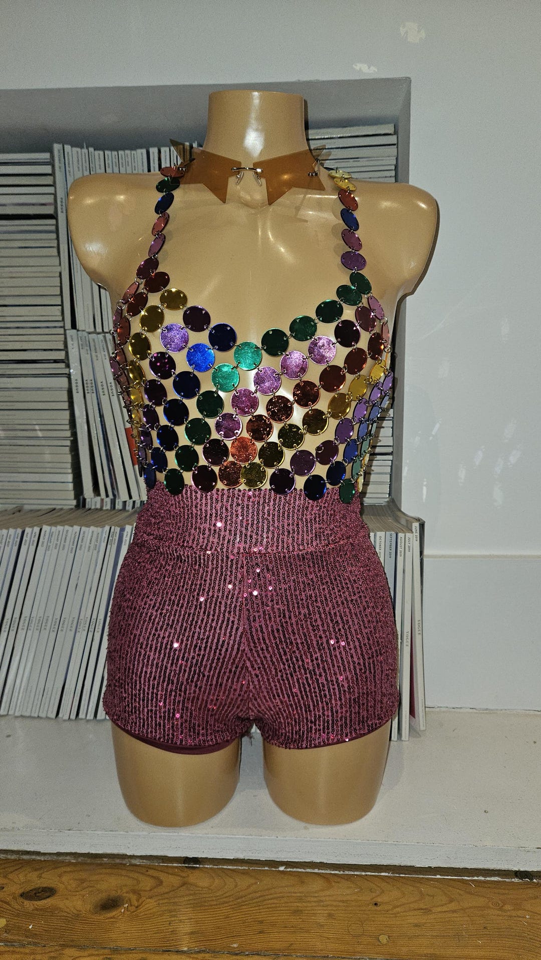Rio Carnival Bloco Costume Rainbow Metallic Chain Top, Pink Sequin ...
