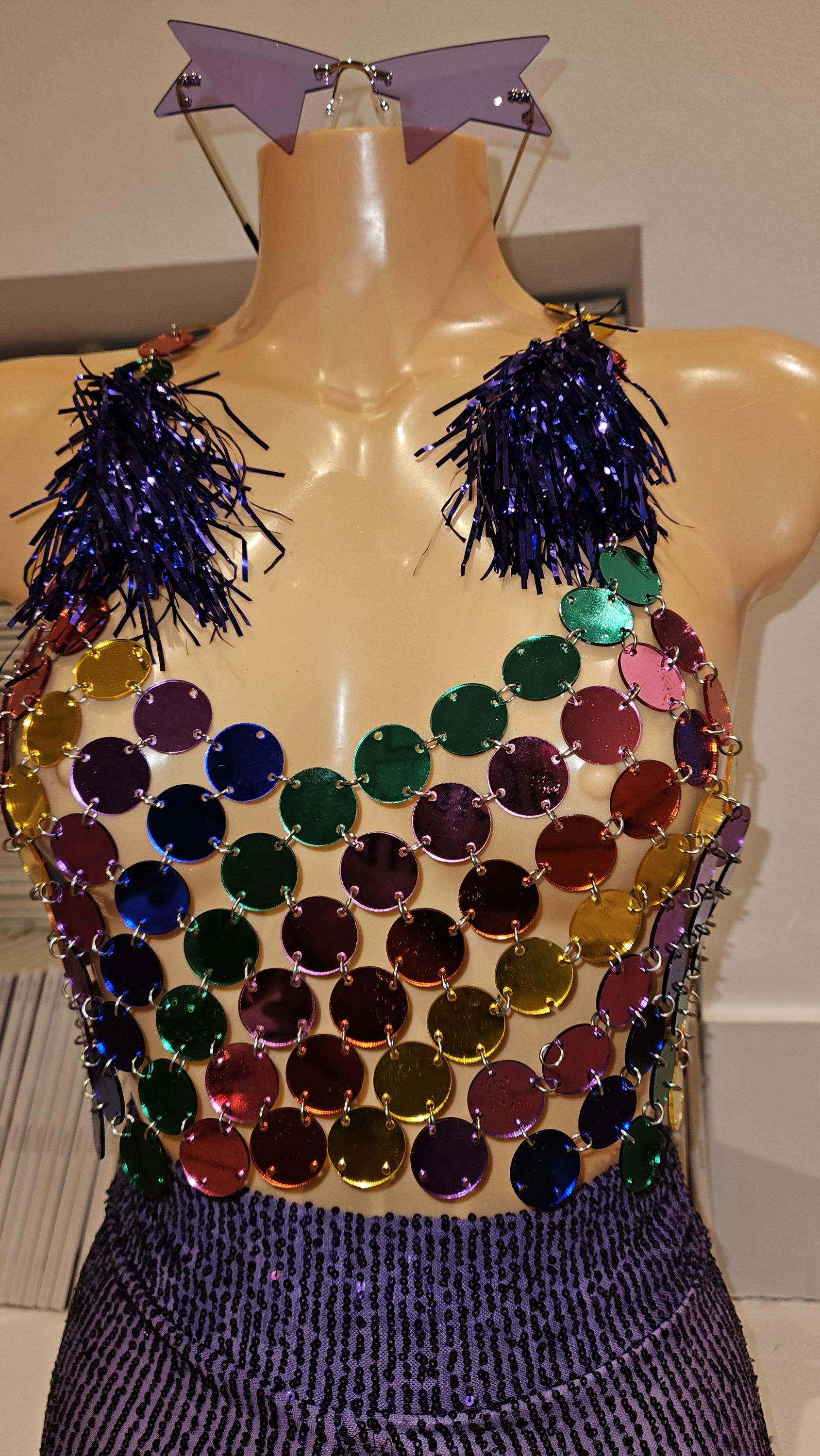 Rio Carnival Bloco Costume! Rainbow Metallic Chain Top, Purple Sequin ...