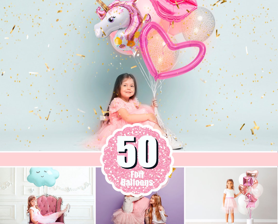 50 Pink Gold Foil Number Balloons, Photoshop Mix Overlays, Digital ...