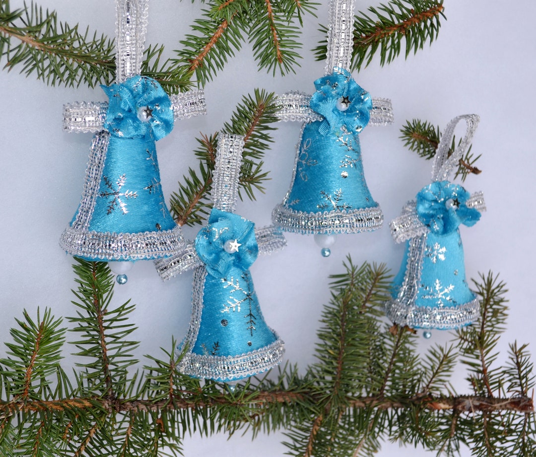 Handmade Blue Velvet Christmas Bells Set: Beaded Lace Bow Pearls ...