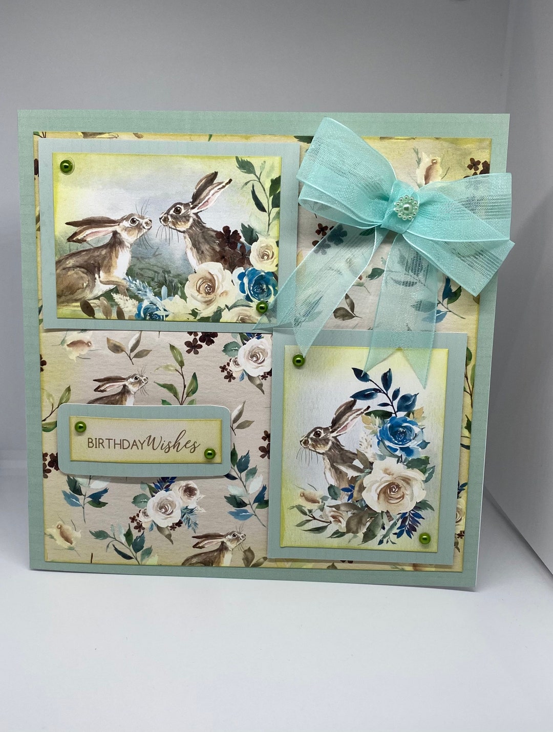 L-12 Green Greetings Card With Photos of Hares & Bow Embellishments All ...