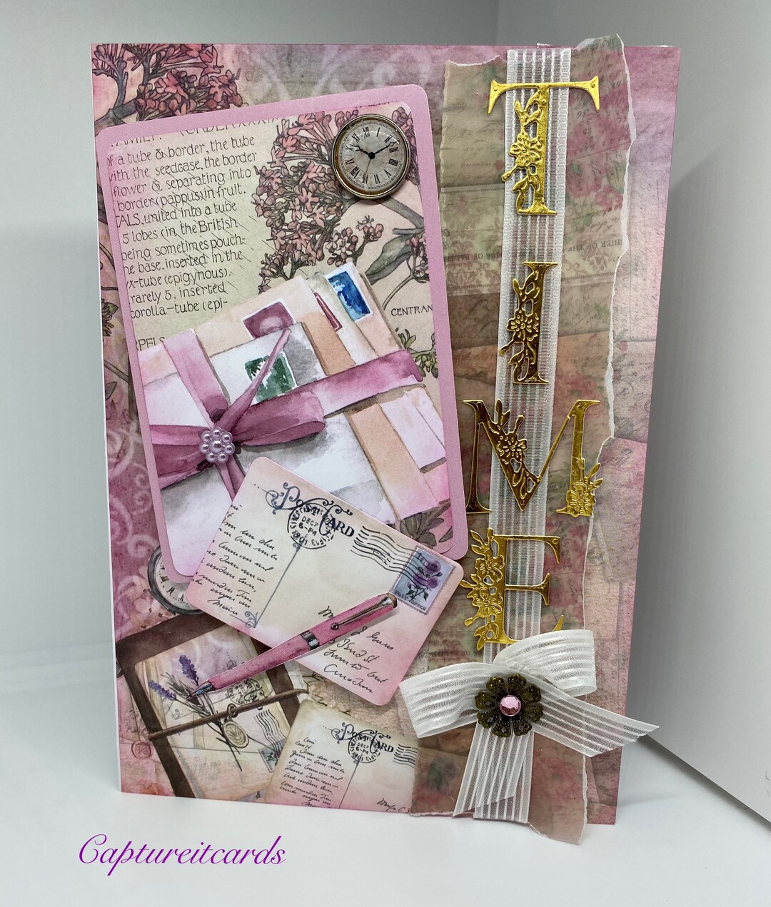 Vintage Time Greetings Card: Gold Clock & Bow Topper - Etsy