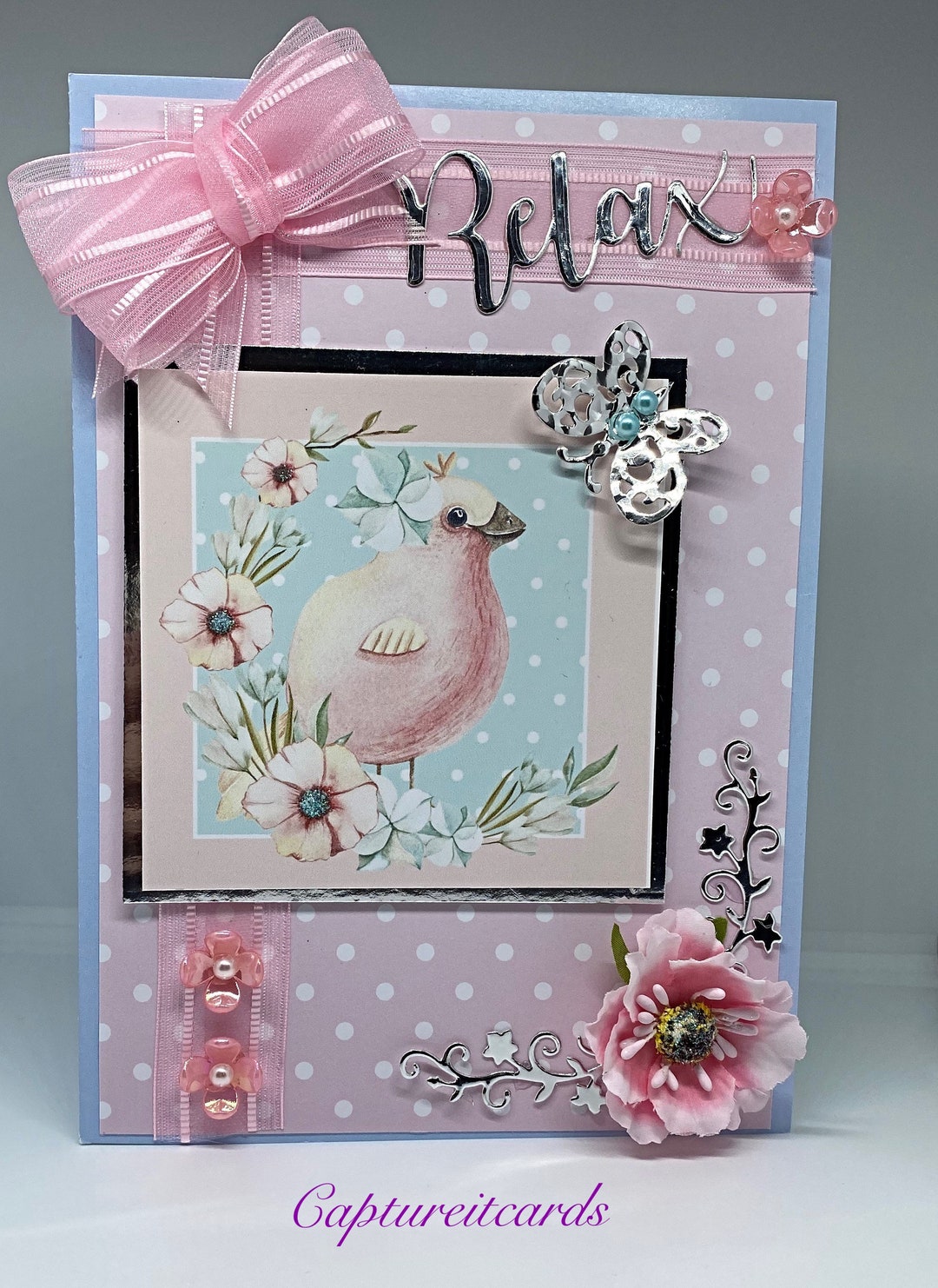 Relax Hand Made Greetings Card for Any Occasion. Bow Butterfly Pink ...