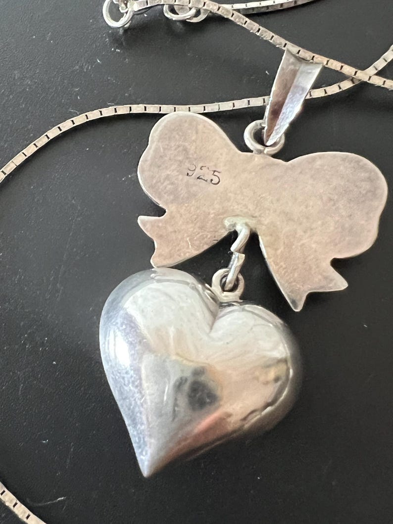 Vintage Sterling Silver Puffy Heart Bow Pendant Signed Chain Necklaces ...
