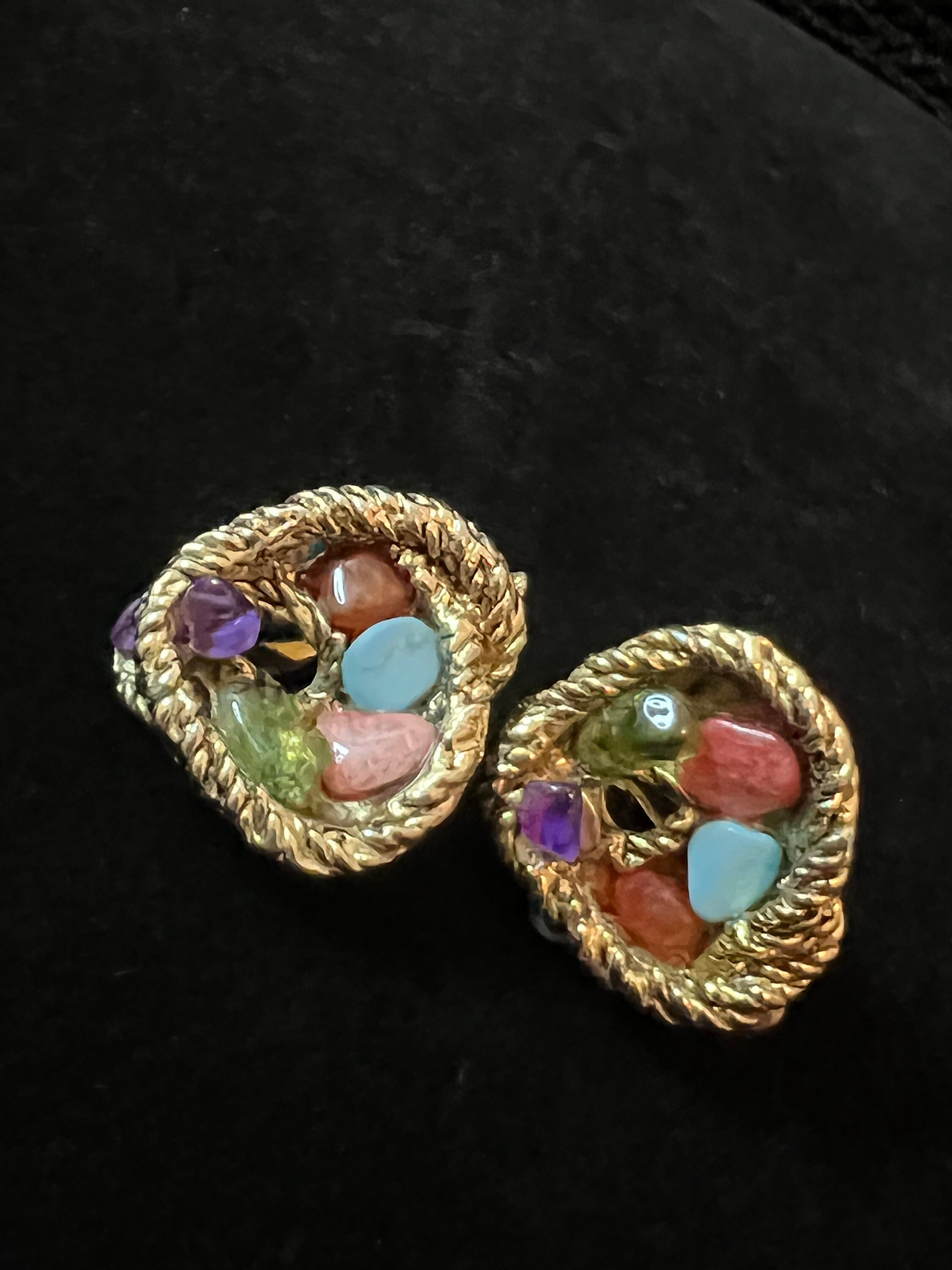 Vintage Swoboda Textured Rope Bezel Natural Stone Clip on Earring - Etsy