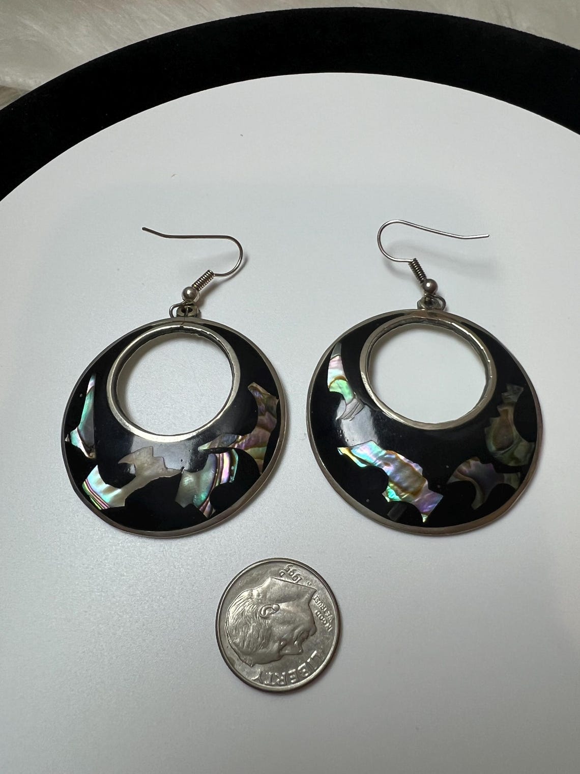 Vintage Mexico Alpaca Abalone Shell Black Enamel Drop Hoops Pierced ...