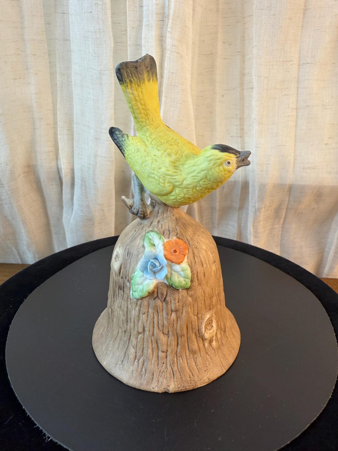 Vintage Ceramic Bird Bell – Yellow Songbird on Tree Stump With Flowers ...