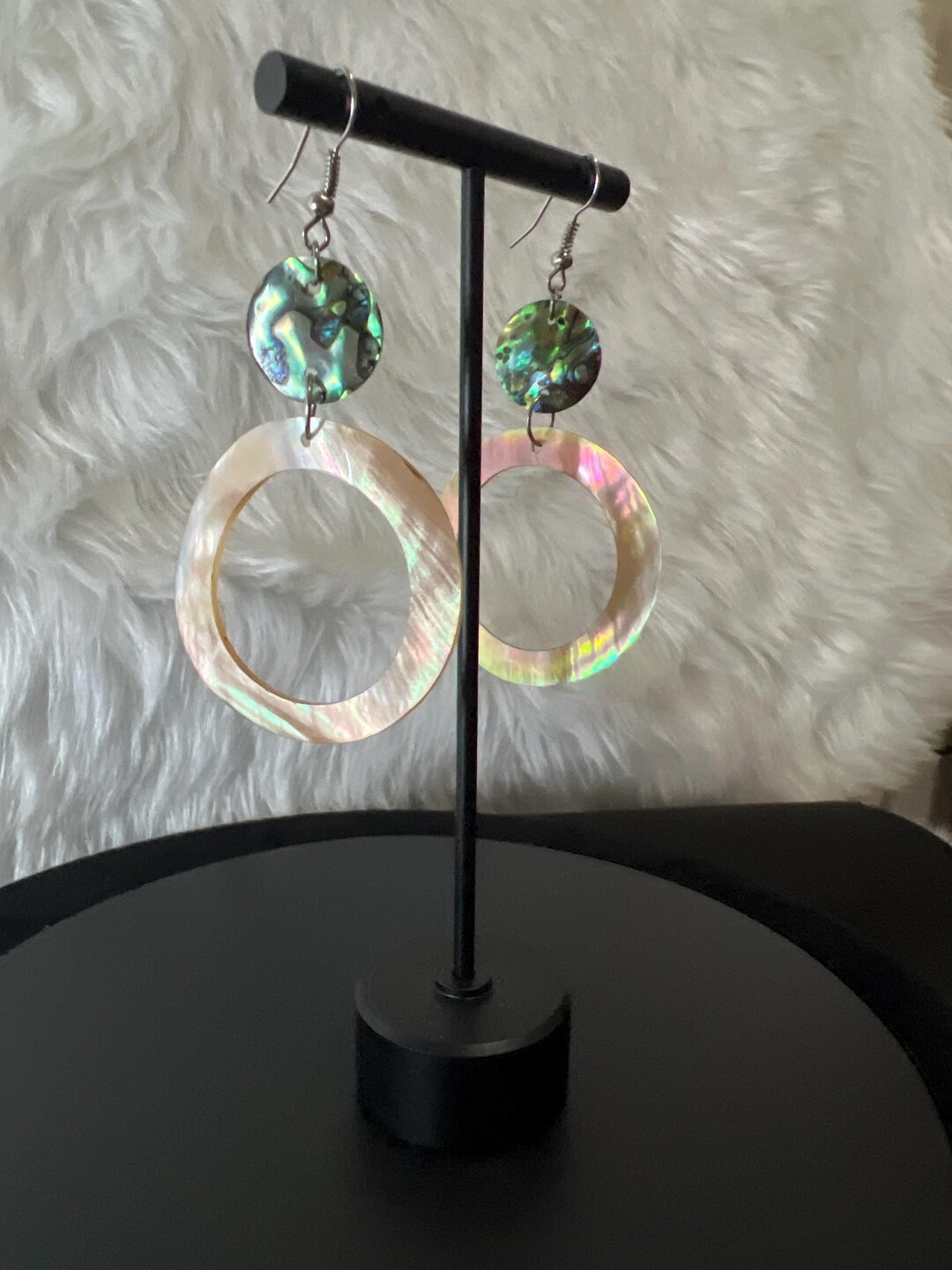 Vintage Hand Made Abalone Shell and Mother of Pearl Hoo Drop Earrings ...