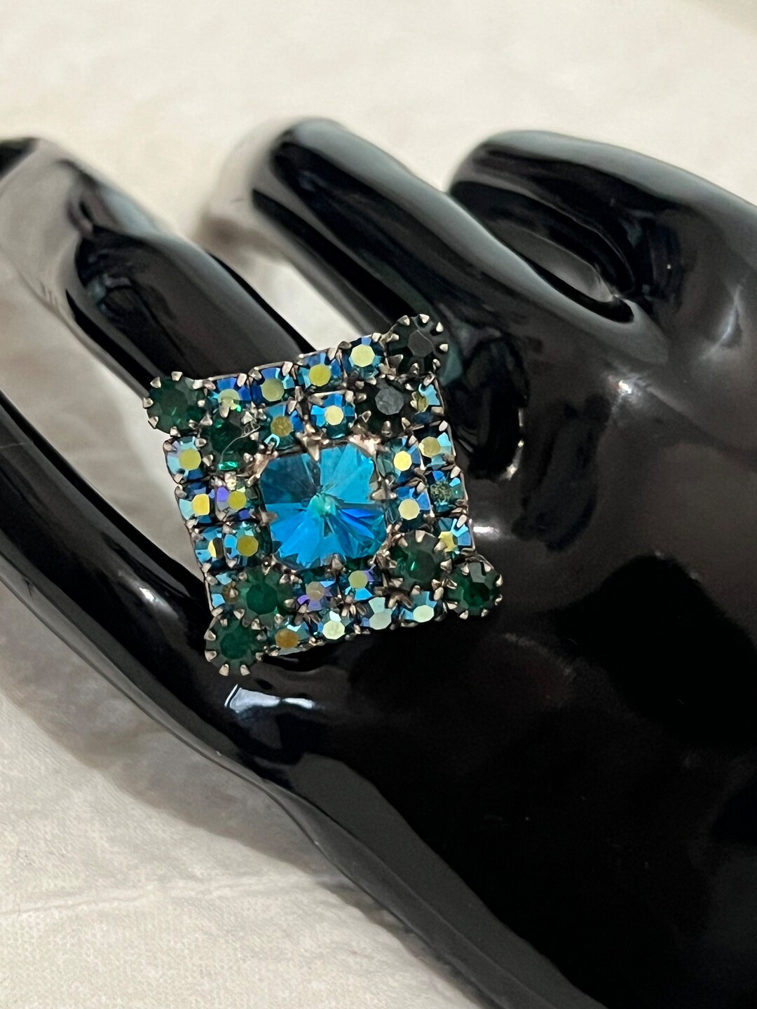 Vintage Rivoli Stone AB Multi Color Rhinestone Adjustable Cocktail Ring ...