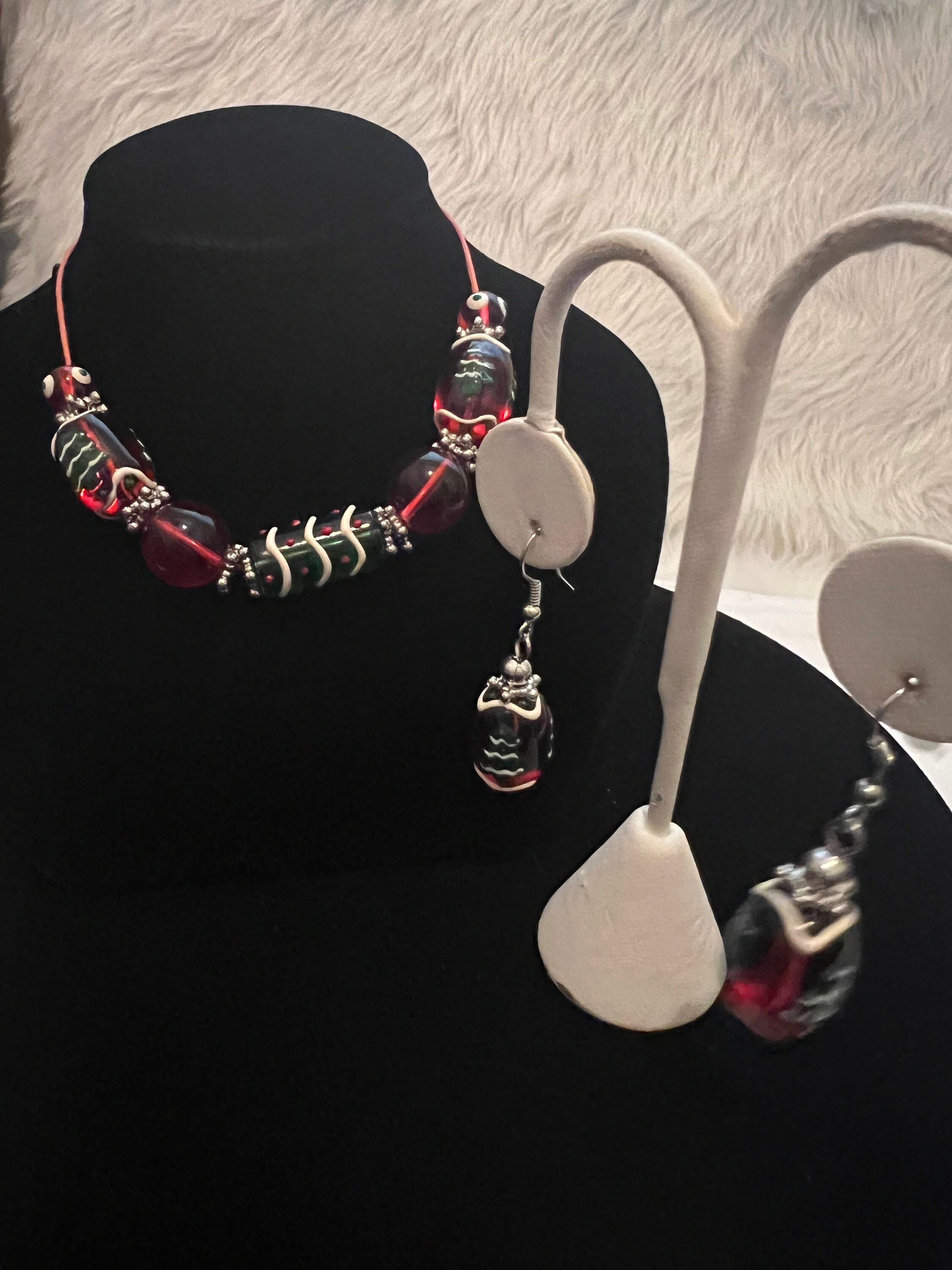 Vintage Christmas Tree Lamp Work Glass Beads Red Silk Cord Necklace and ...