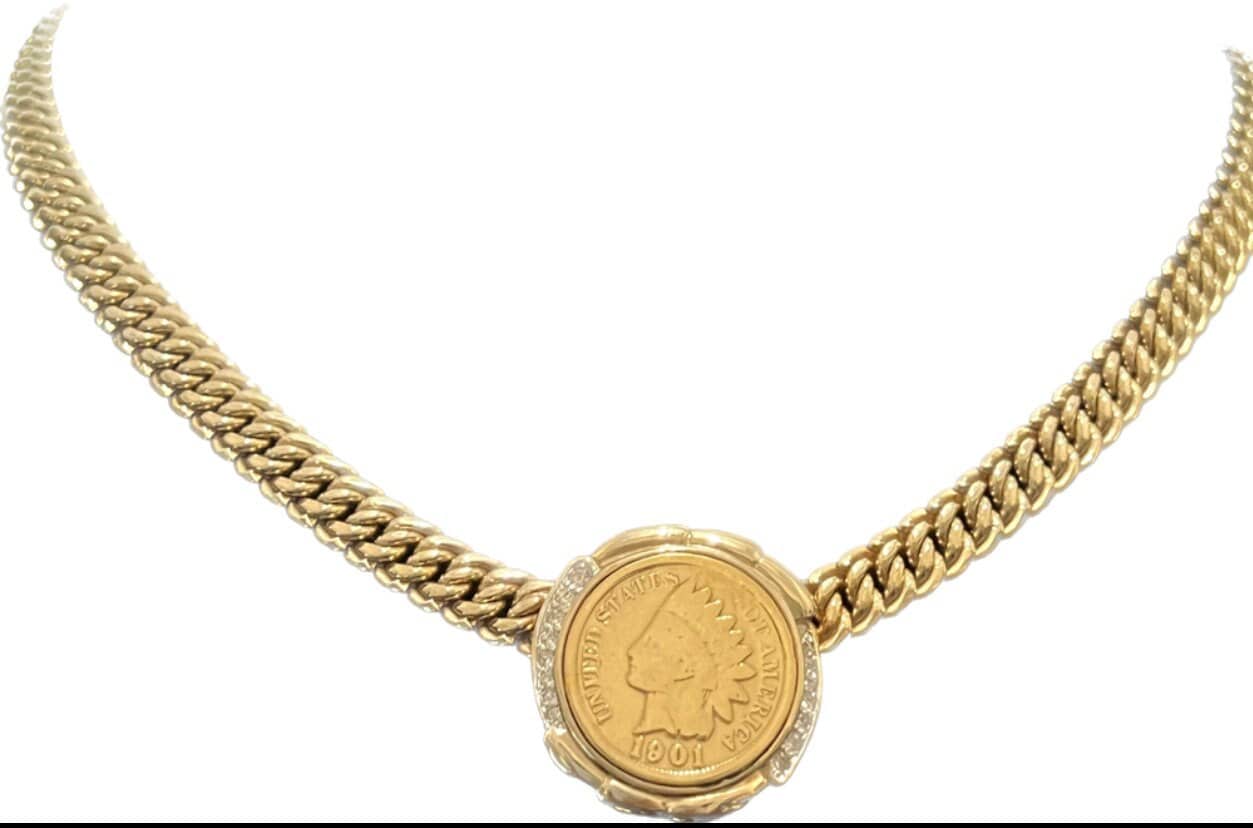 Vintage Panetta Indian Penny Head Coin Gold Tone Rhinestone Necklace ...