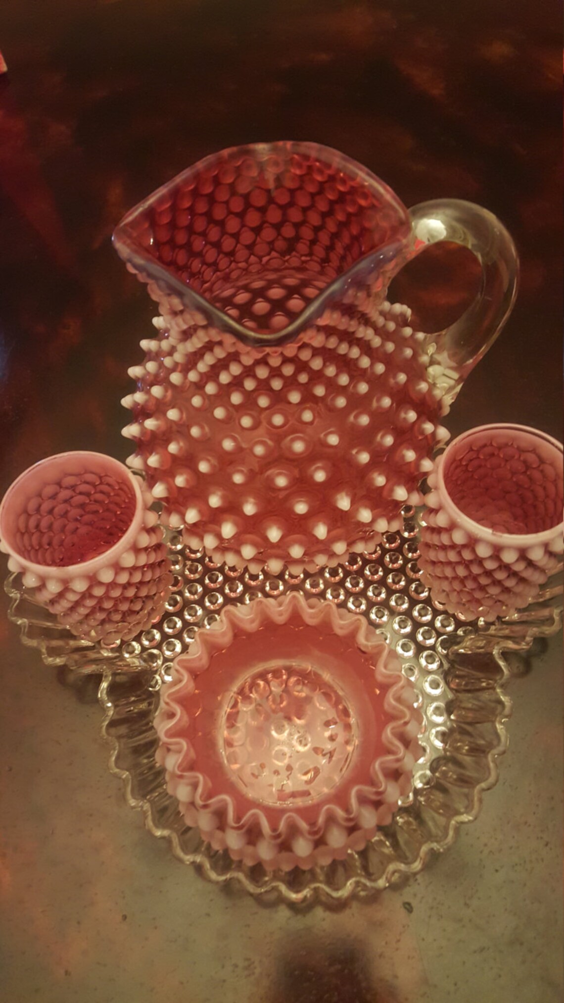 Reduced:eapg.19th C. Five Piece Water Set Granberry Opalescent Hobnail ...