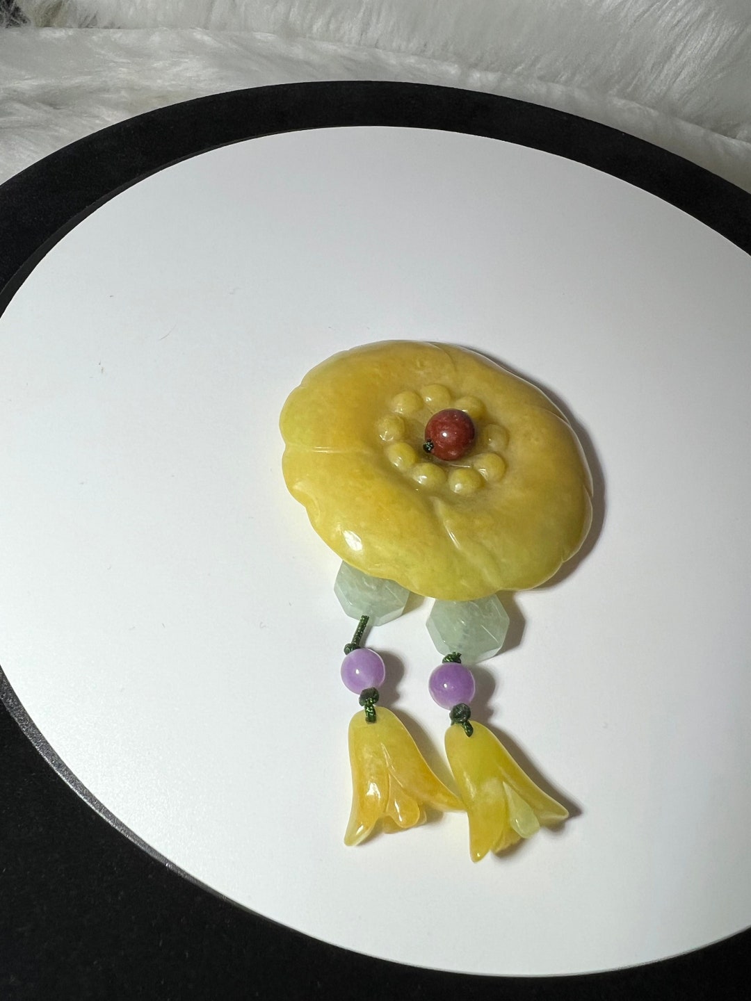 Yellow Carved Jade Lotus Flower W Green Purple Red Jade Dangle Pendant ...
