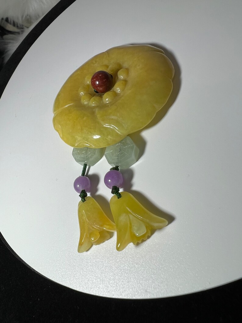 Yellow Carved Jade Lotus Flower W Green Purple Red Jade Dangle Pendant ...