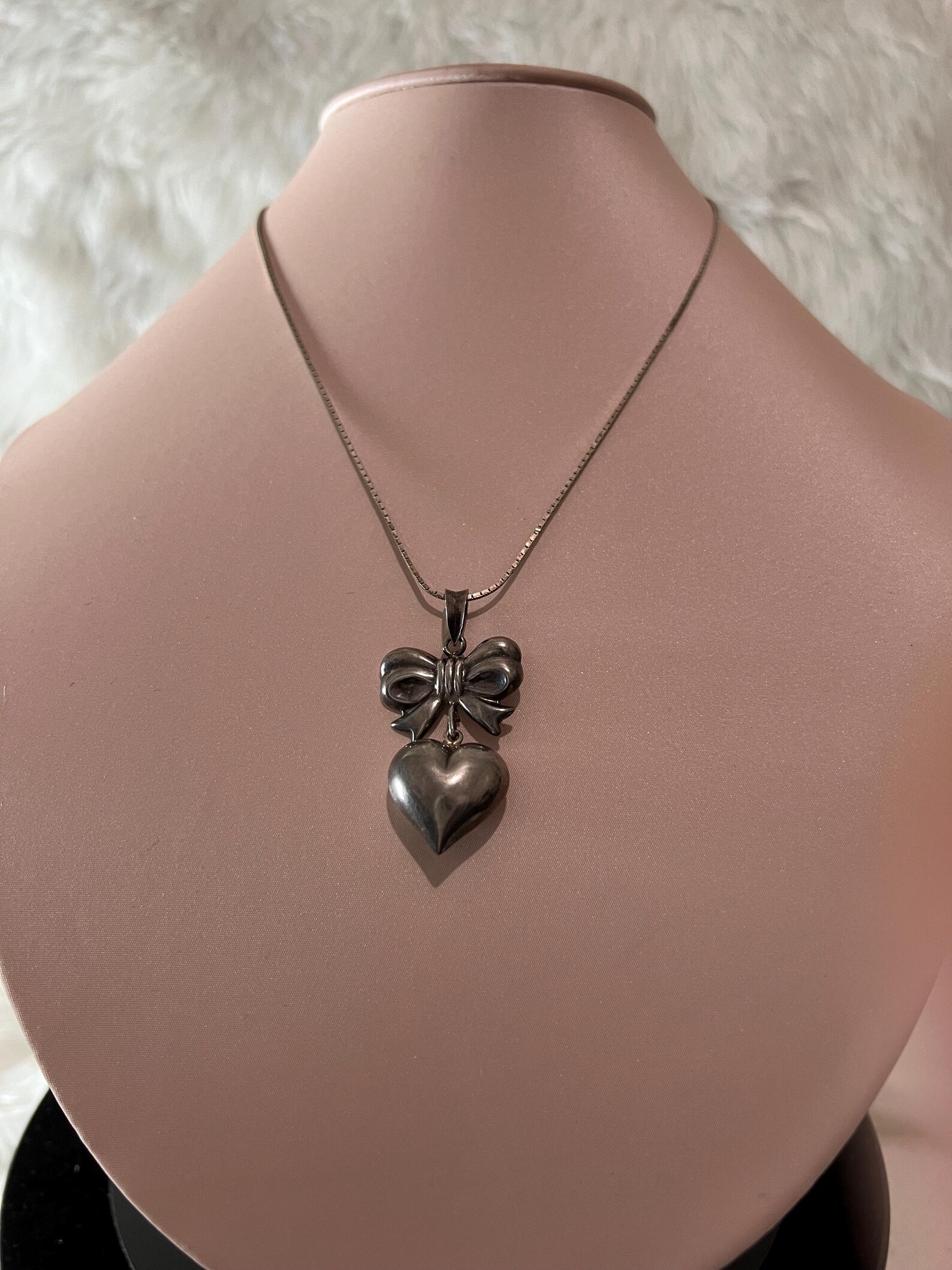 Vintage Sterling Silver Puffy Heart Bow Pendant Signed Chain Necklaces ...