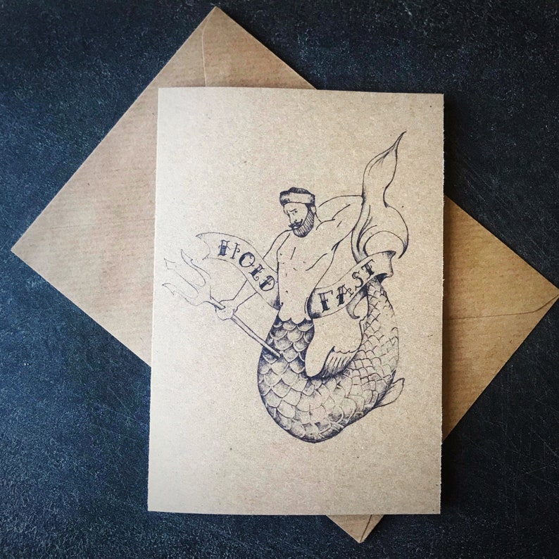 Merman Line Drawing Greeting Card blank - Etsy