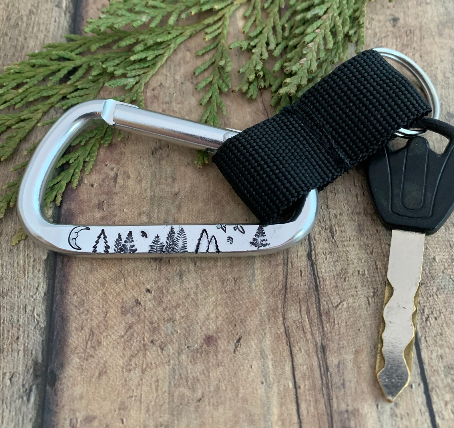 Pine Tree Bird and Moon Keychain Hand Stamped Explore and | Etsy