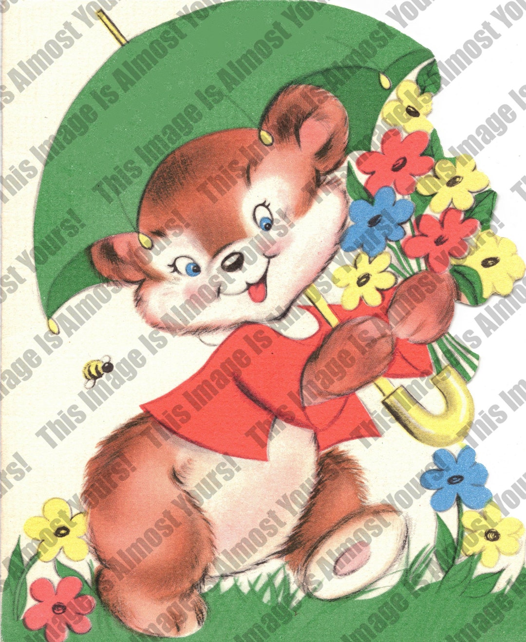 Bear Dancing With Umbrella, Flowers, Cute, Vintage, Digital Download ...
