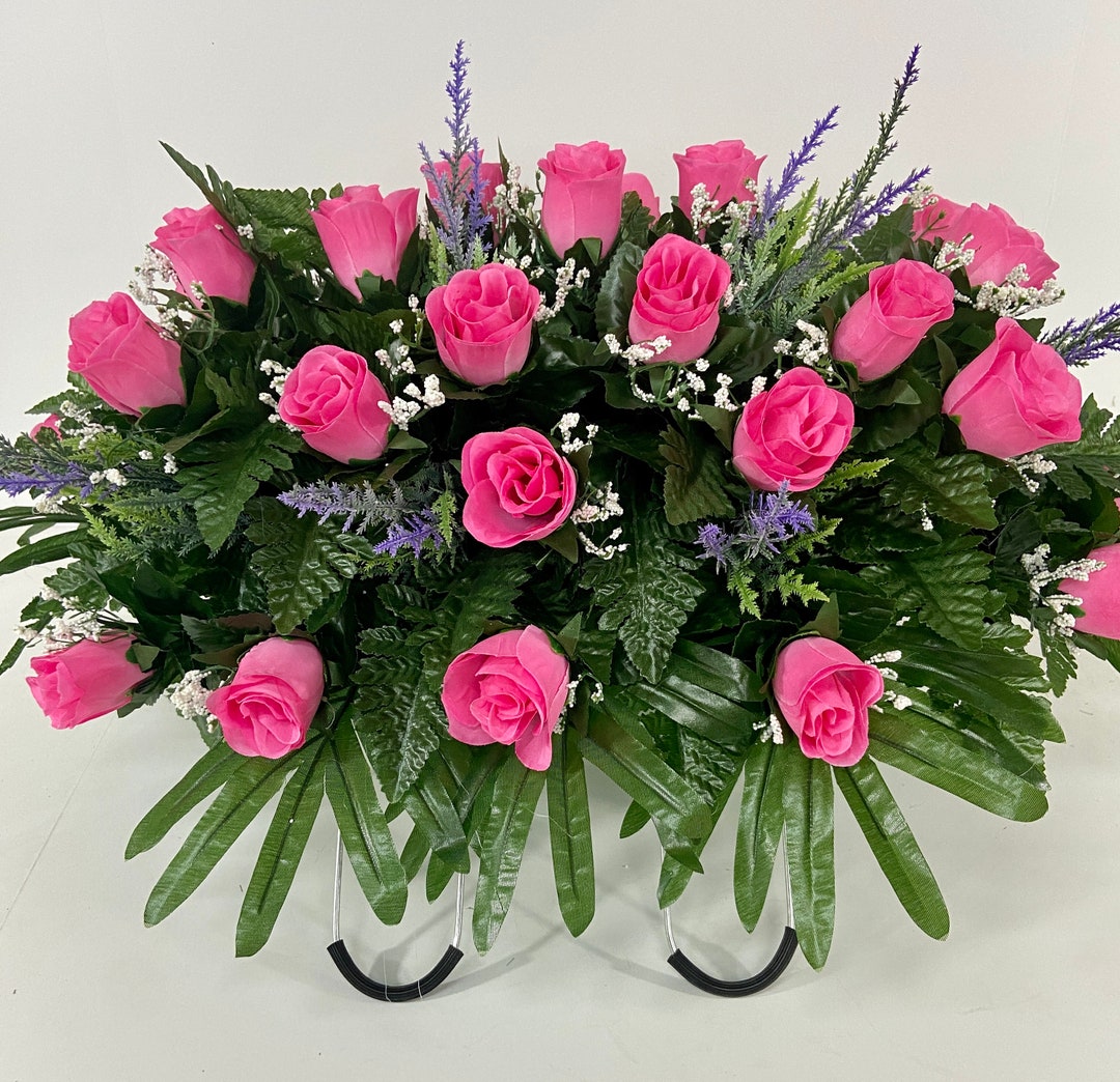 Pink Rose Cemetery Flowers: Purple Accent Headstone Saddle - Etsy
