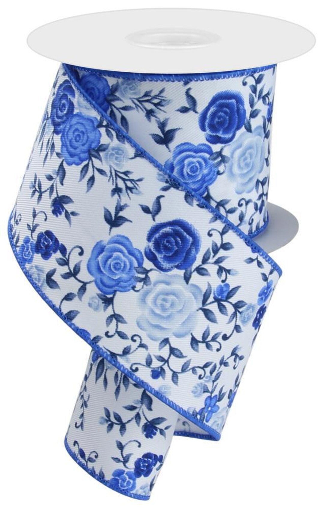 Floral Roses on Royal Canvas Wired Edge Ribbon - 10 Yards (white, Multi ...