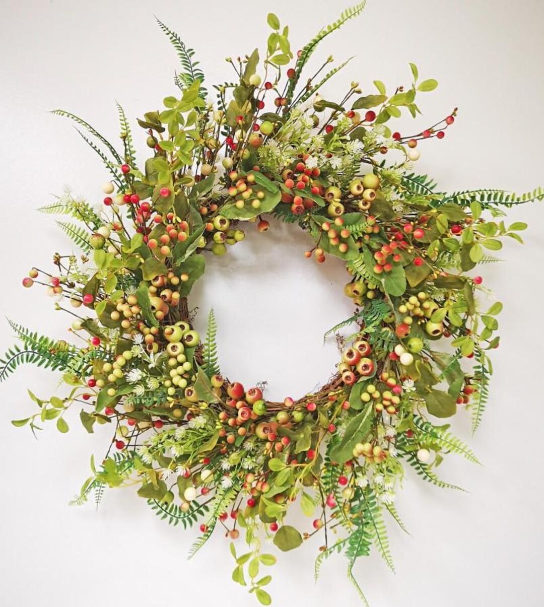 24" Spring Berry Fern, Front Door Wreath, Mini Crab Apples, Berries ...
