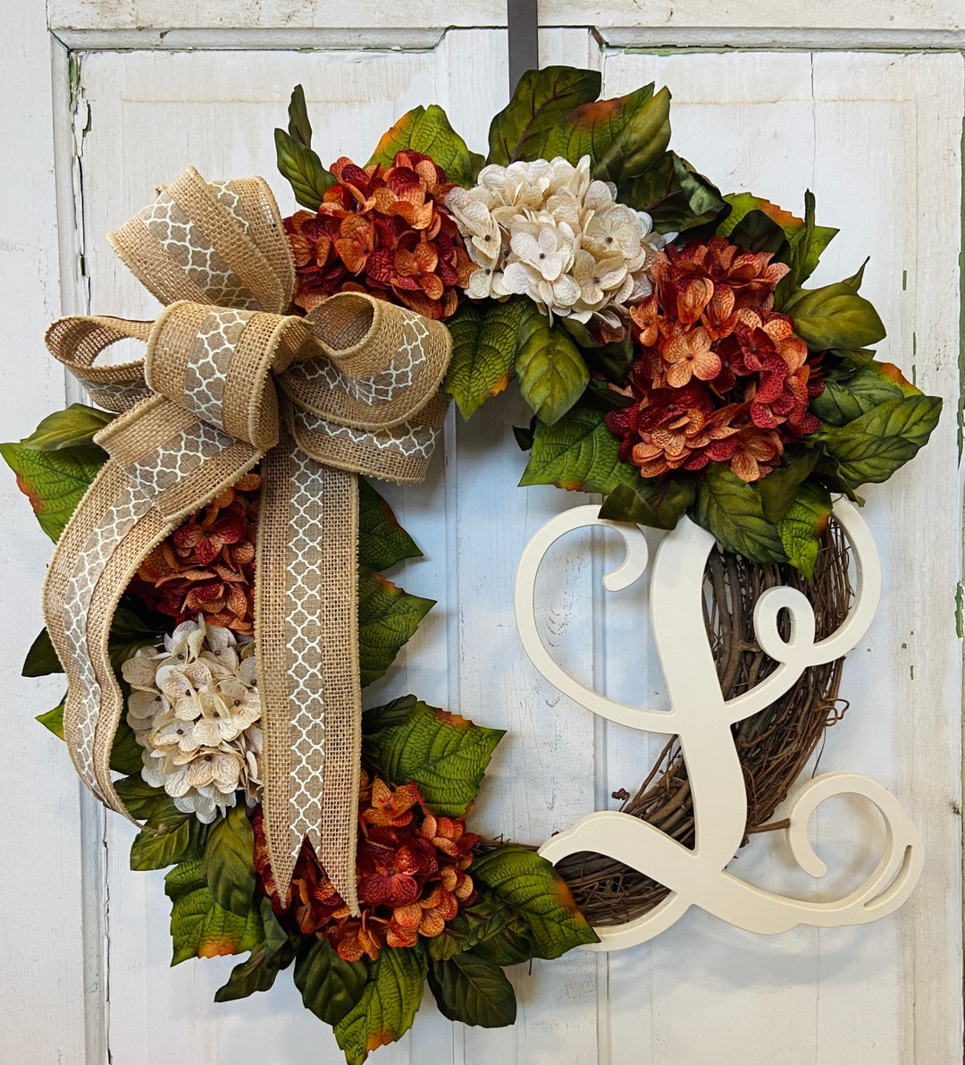 Cream & Burnt Orange Hydrangea Front Door Wreath With Monogram Letter ...