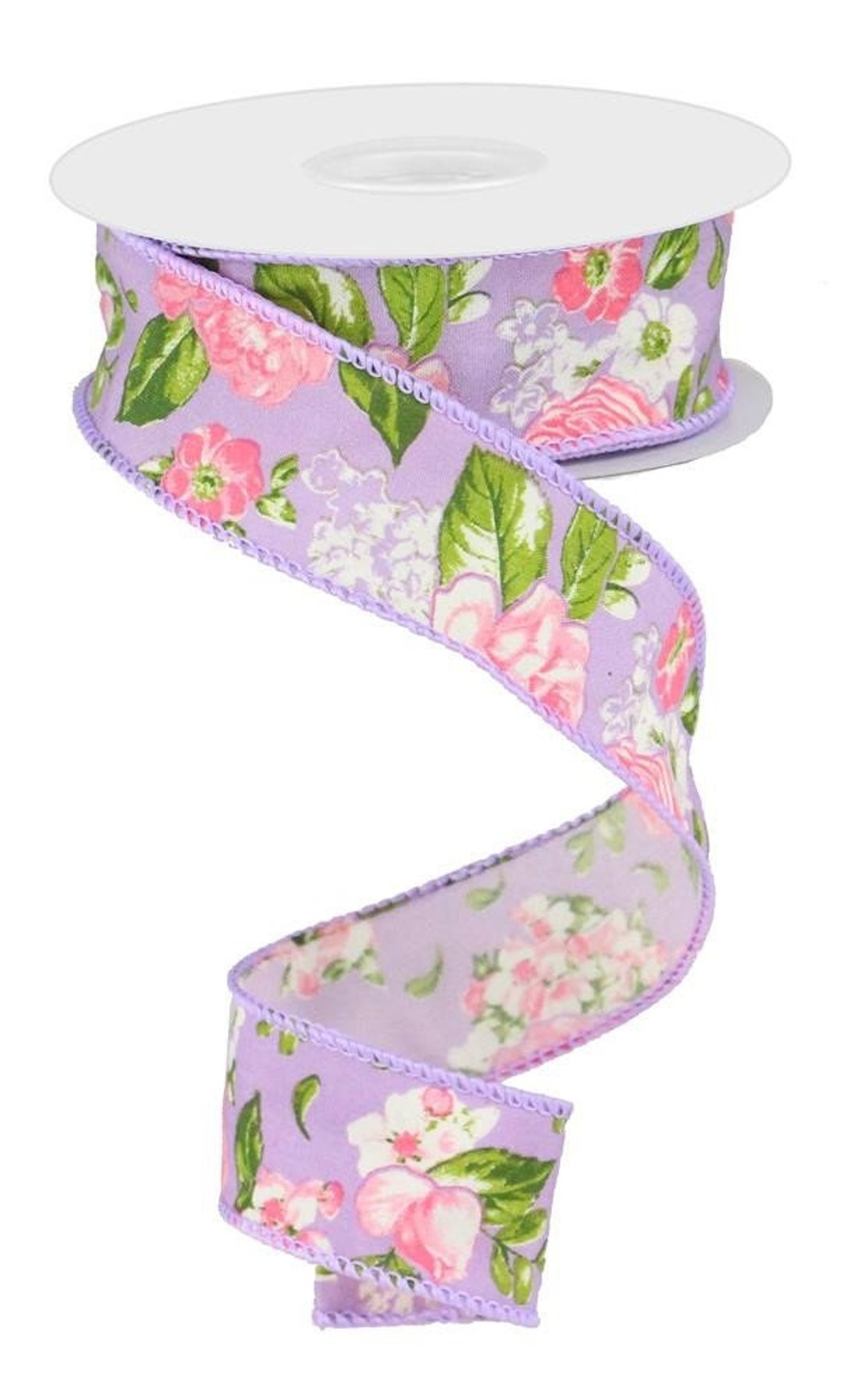 1.5"x10yd Floral Print on Lavender Wired Ribbon-pink, Green, White ...