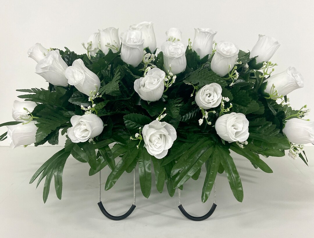 White Rose Cemetery Arrangement for Headstone Decoration, Grave Topper ...